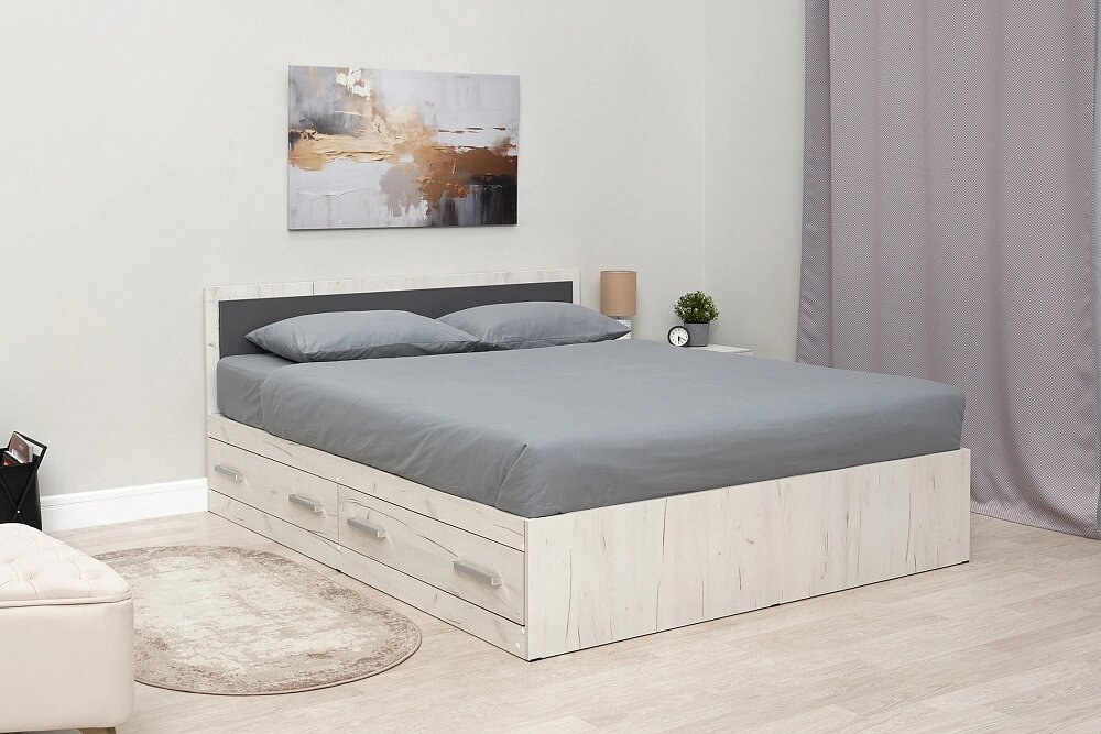 Кровать двухспальная с ящиками 1.6 м 160х200 см, Фиеста NEW (Нью), 163.5х203.7х80 см, ЛДСП, Графит / Дуб Крафт Белый