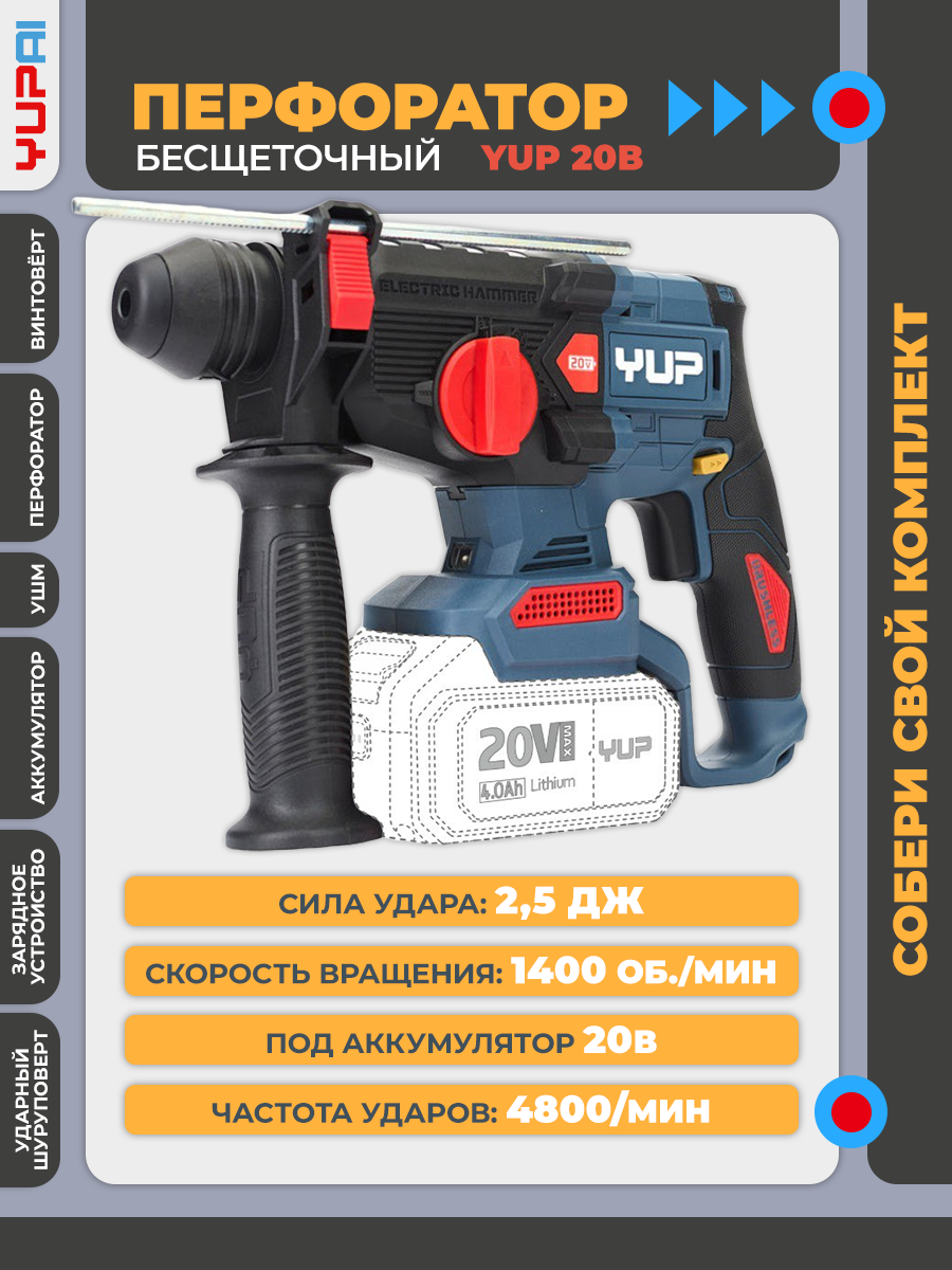 YUPAI Перфоратор аккумуляторный пофессиональный бесщеточный ударный, 20В