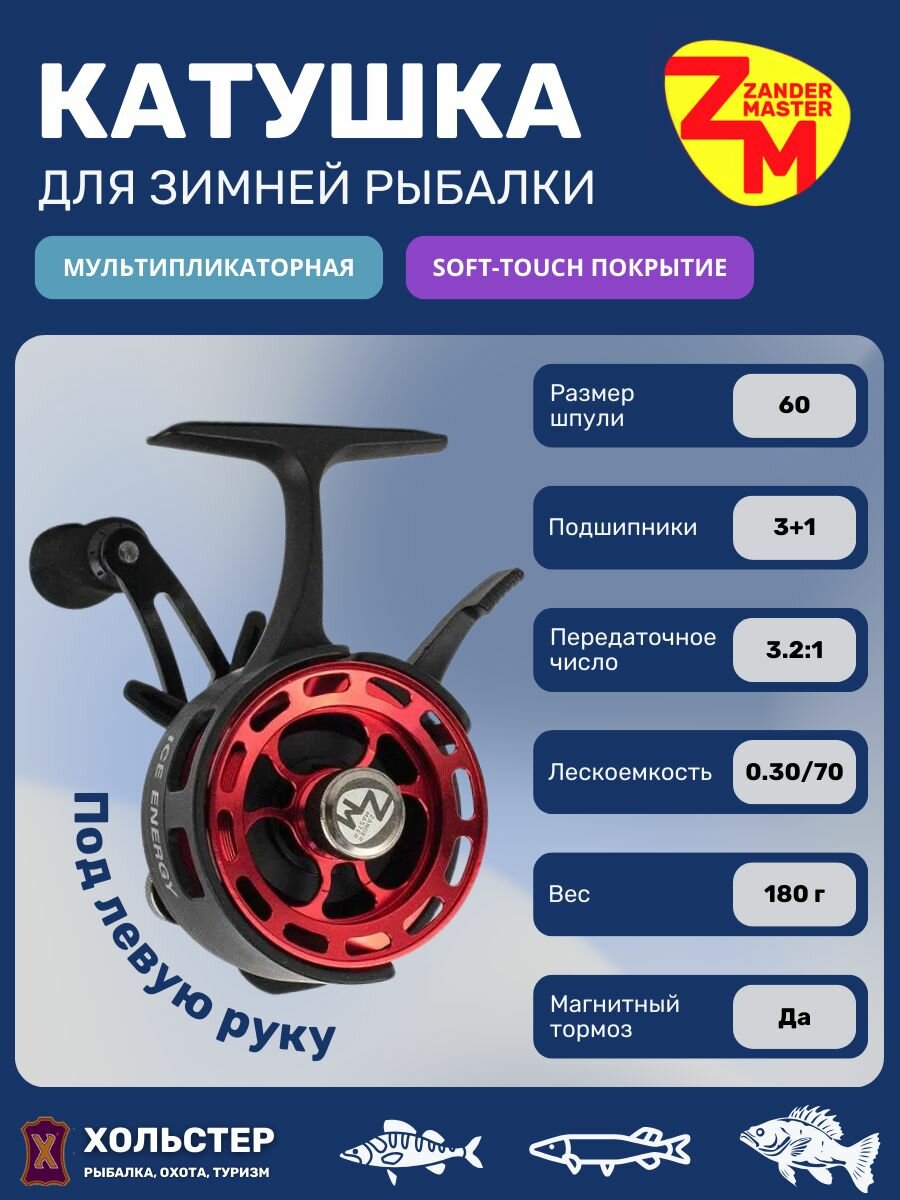 Катушка ZANDER MASTER ICE ENERGY мультипликаторная для зимней рыбалки под левую руку, черный корпус / красная шпуля