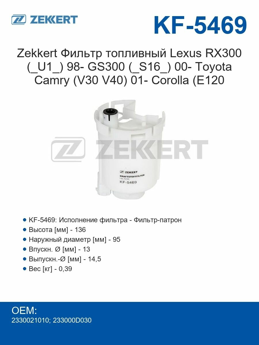 Zekkert Фильтр топливный Lexus RX300 (_U1_) 98- GS300 (_S16_) 00- Toyota Camry (V30 V40) 01- Corolla (E120