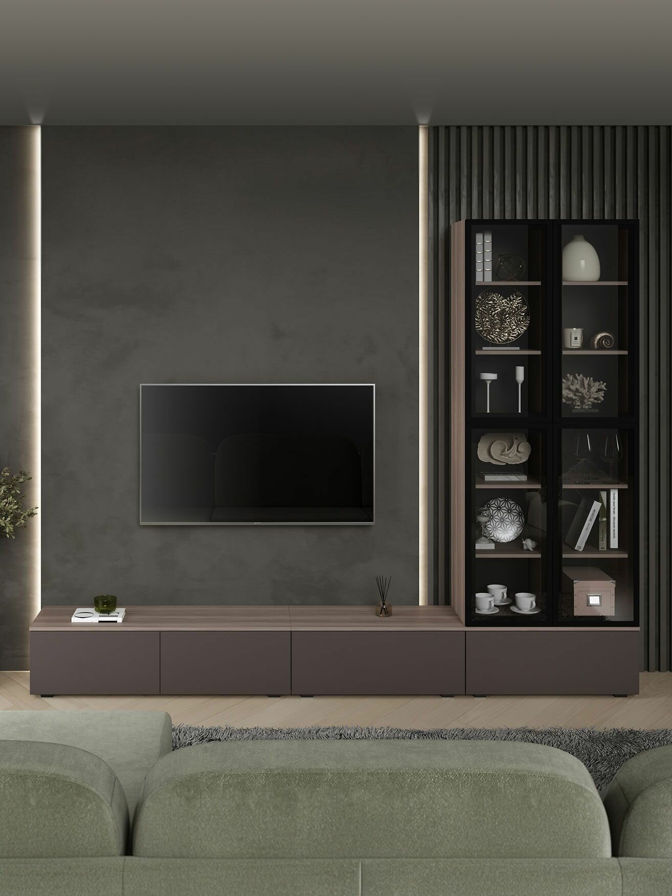 Гостиная комплект Роквуд, тумба под телевизор, навесной шкаф-витрина, 268,9х37,2х212 см, Эмили Блаш / Графит