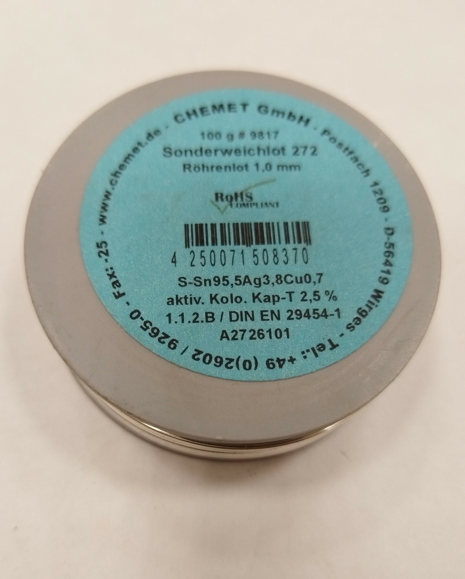 Припой Chemet мягкий 272, с флюсом Kap-T-2,5%, диаметр 1 мм, на катушках по 100 г, A2726101