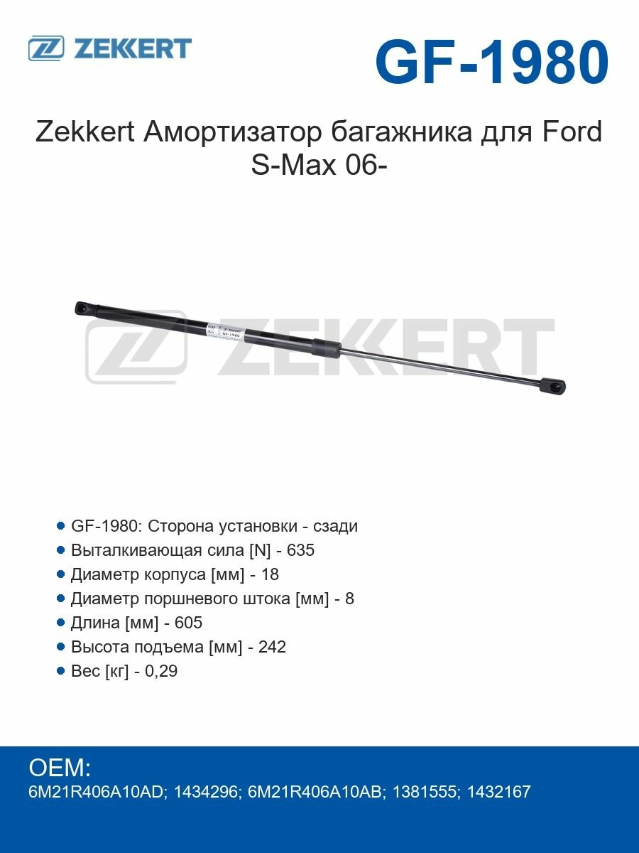 Zekkert Амортизатор багажника для Ford S-Max 06-