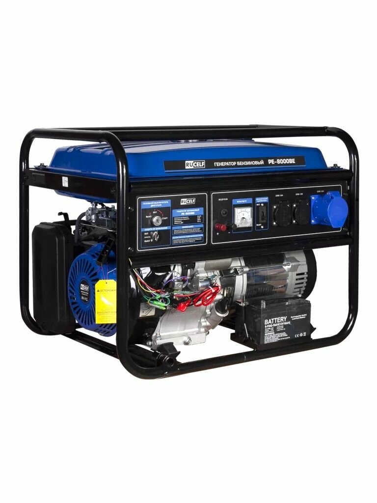 Электрогенератор бензиновый RUCELF PE-8000BE (ручки+колеса, электр. старт. с АКБ, медь, 6 КВт, сил. раз)