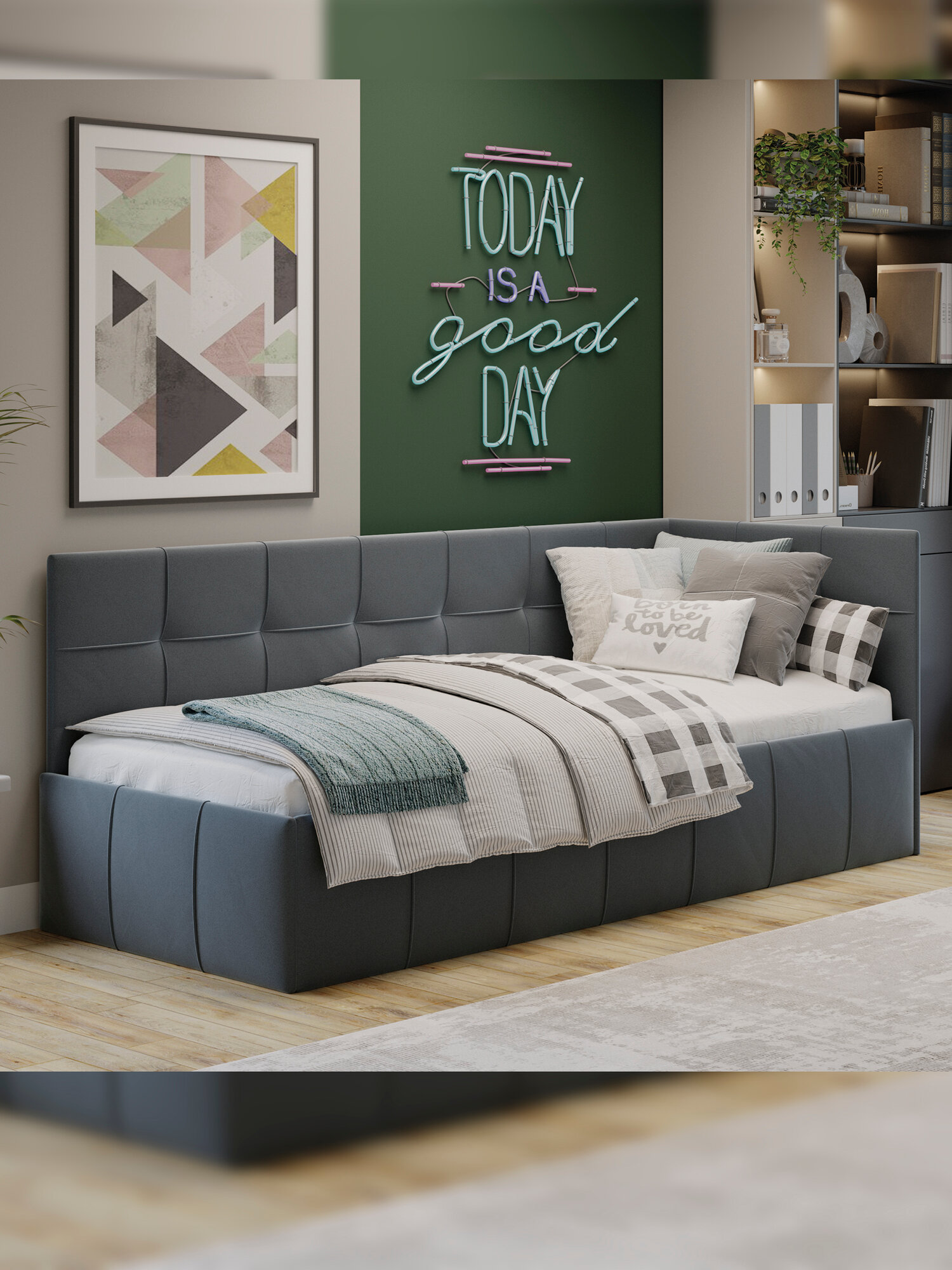 Кровать с мягкой обивкой с ПМ (с подъемным механизмом) «Грей» Тип 1 Велюр Galaxy серый