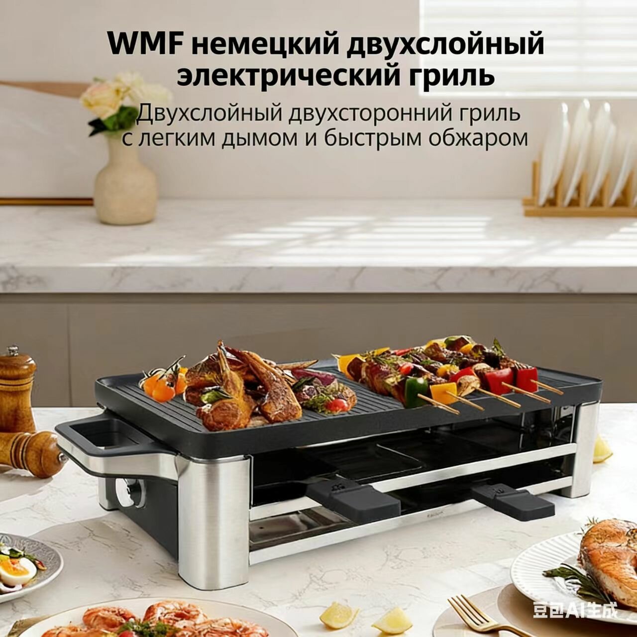 Электрический гриль WMF, алюминий, антипригарный, регулировка температуры, 25x25 см