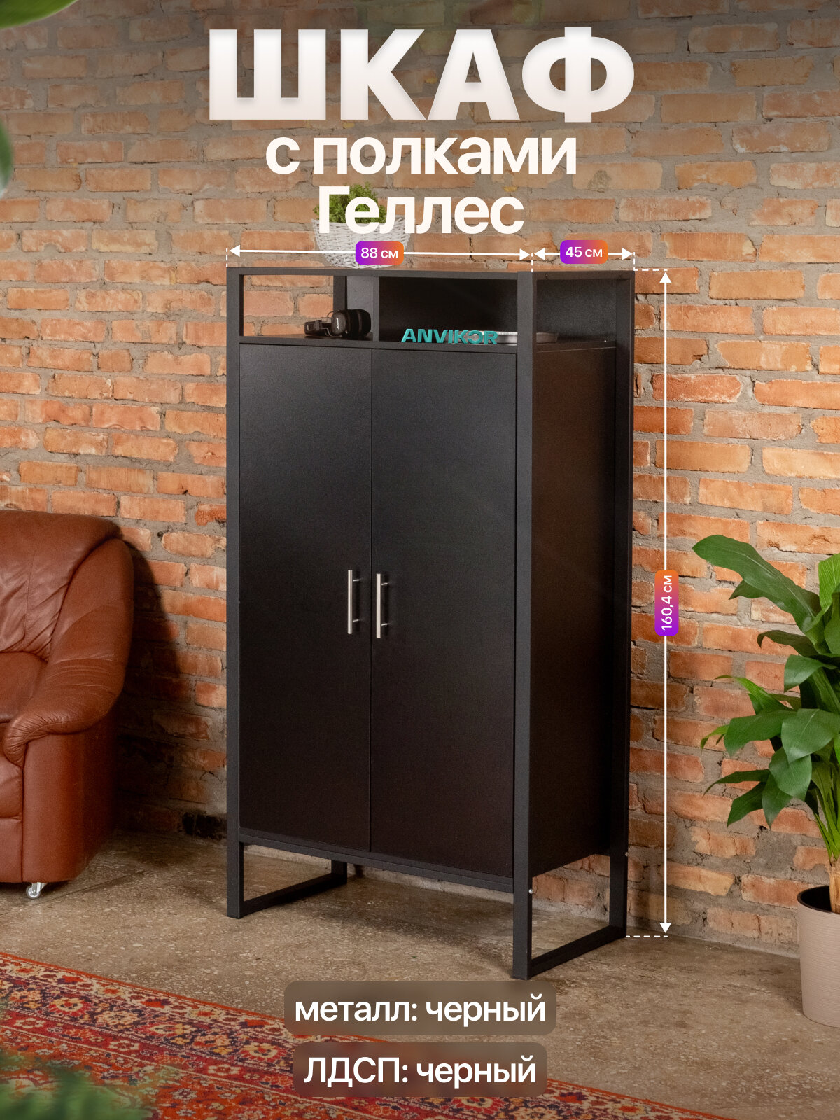 Шкаф распашной для спальни и прихожей лофт Геллес черный/черный