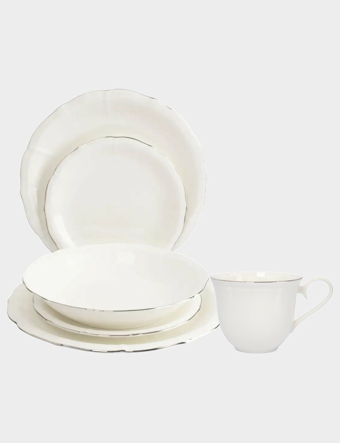 Сервиз обеденный с кружками, 6 персон, 24 предмета, костяной фарфор, белый, с серебристым кантом, Dynasty (Anna Lafarg)