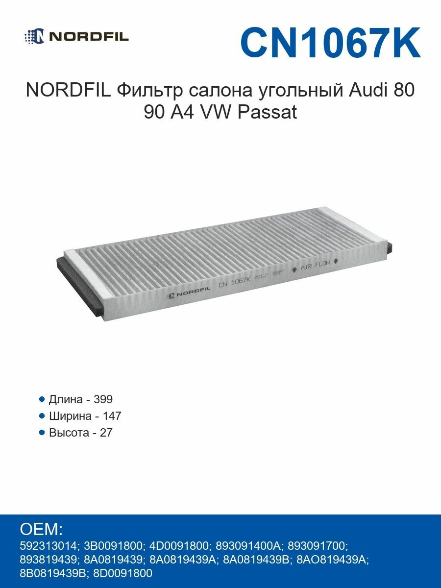 NORDFIL Фильтр салона угольный Audi 80 90 A4 VW Passat