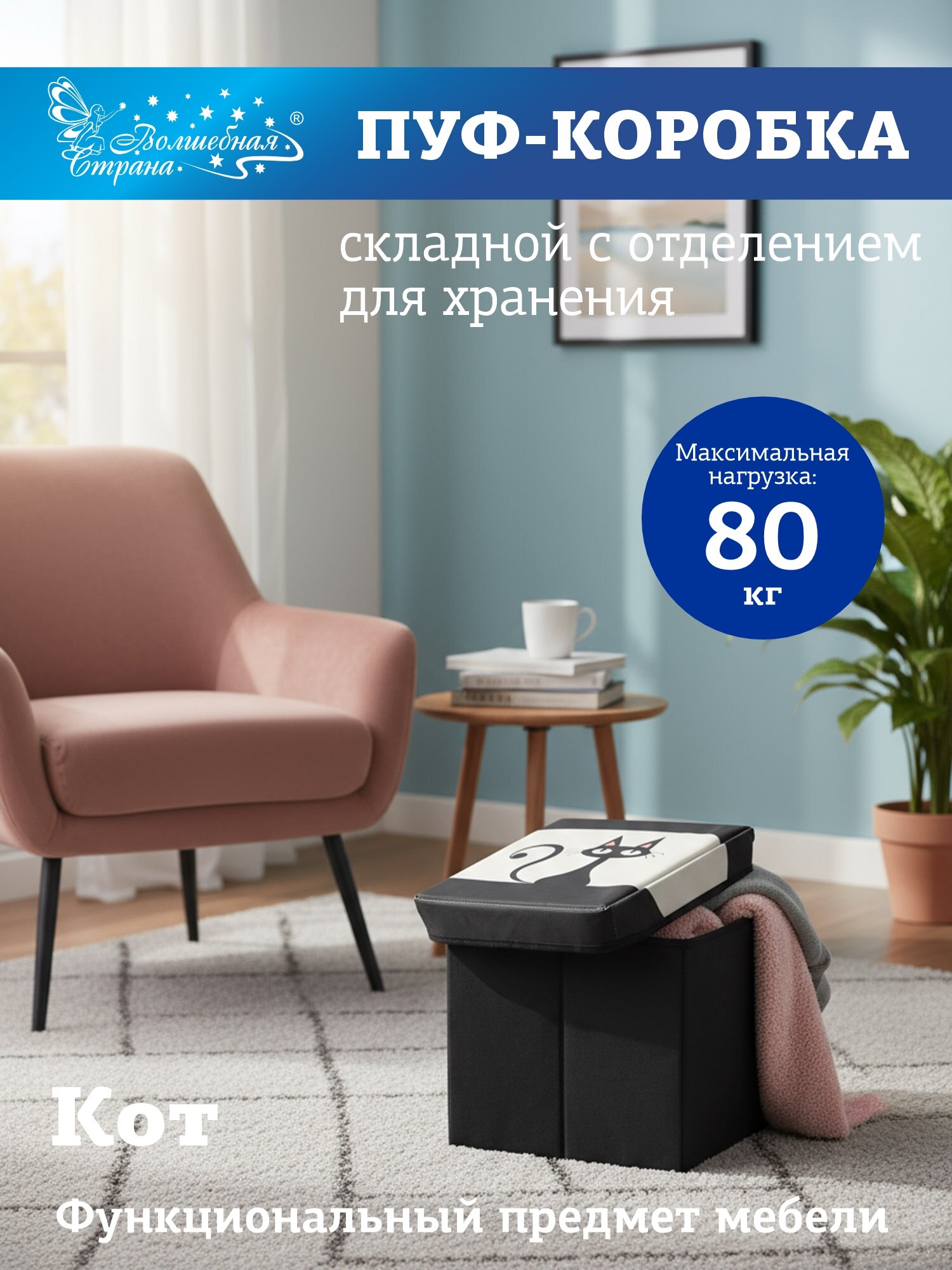 Пуф складной с отделением для хранения "Кот", 30 х 30 х 30 см