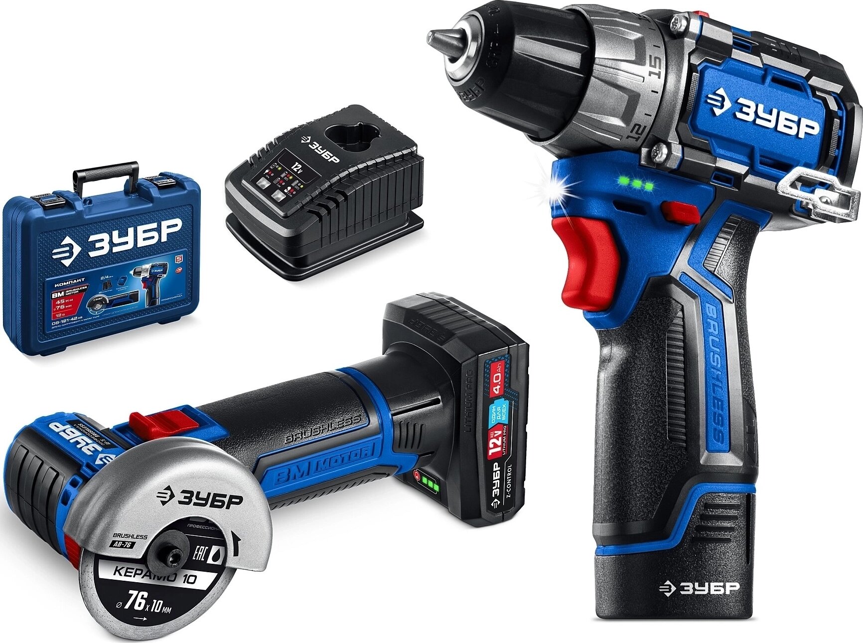 Дрель-шуруповерт + мини-УШМ ЗУБР DB-121-42AB