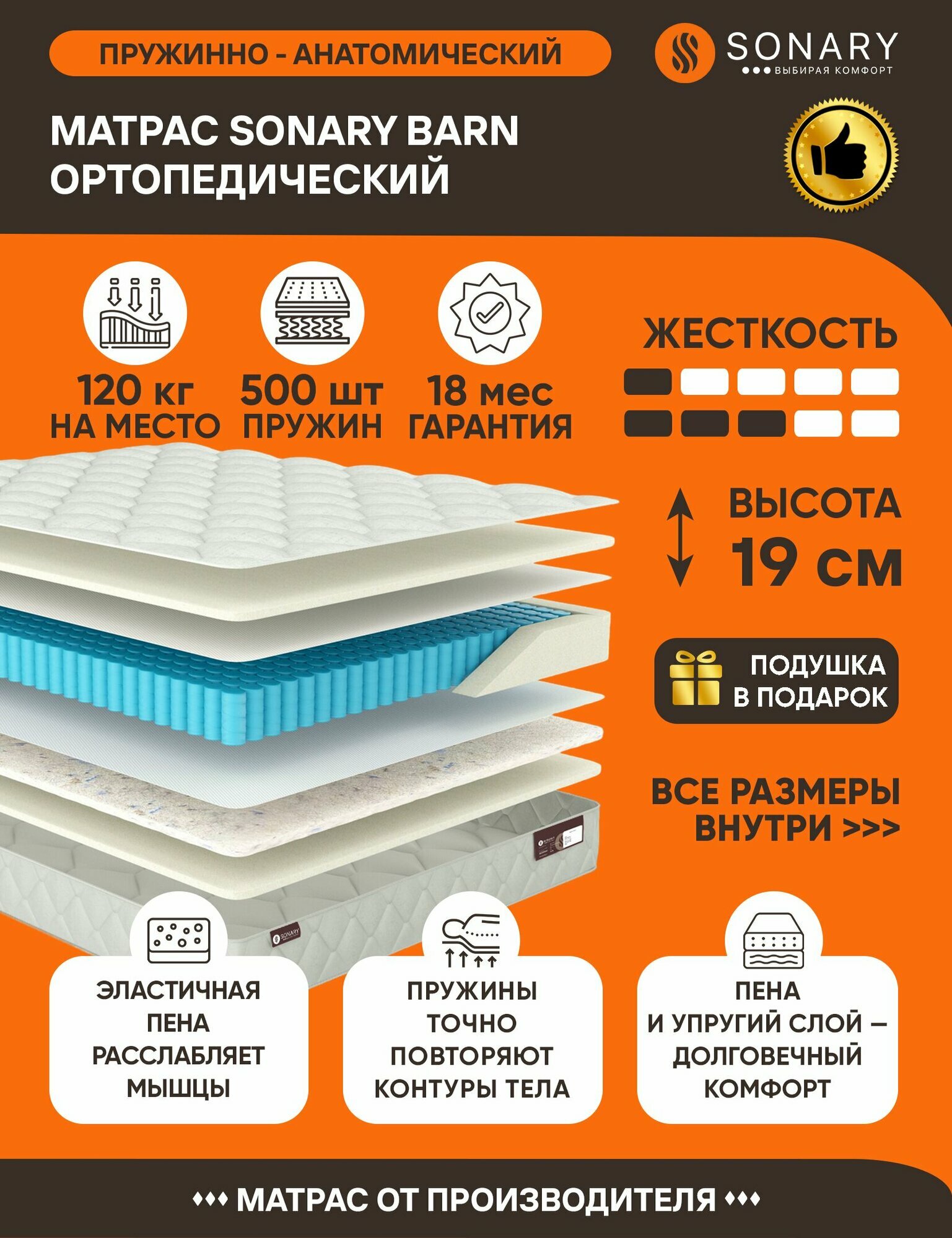 Матрас Sonary Barn 80х210 серии Urban высота 19 см анатомический средней жесткости мягкий Независимые пружины