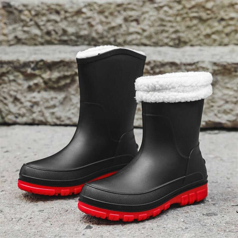 Мужские резиновые сапоги до середины икры, водонепроницаемые и нескользящие, рыбацкие сапоги в китайском стиле, теплые мужские кухонные сапоги с флисовой подкладкой, износостойкая резиновая обувь.