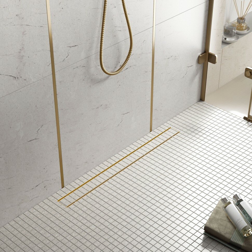 Душевой лоток TIMO Drain System 900 с двусторонней панелью "plate" под плитку, Золото матовое