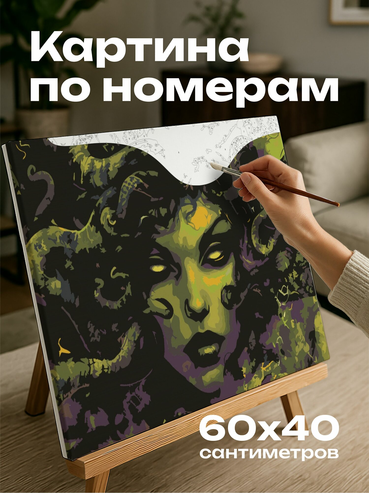 Картина по номерам 60x40 см, Медуза, горгона, змеевидные волосы, вихрь облаков, зеленые глаза, ярость, печаль