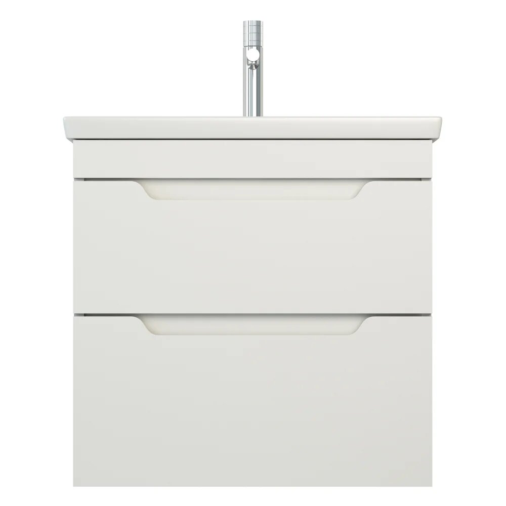 Тумба с раковиной Emmy Агата 60 подвесная, 61 см, белая, глянцевая, из МДФ, с ящиками, раковина для ванной, фарфоровая, прямоугольная, встроенный слив-перелив