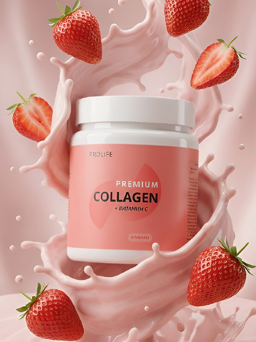 Коллаген порошок со вкусом клубники и витамином С/Добавка для кожи и волос/Коллаген пептидный для суставов и связок 180 г