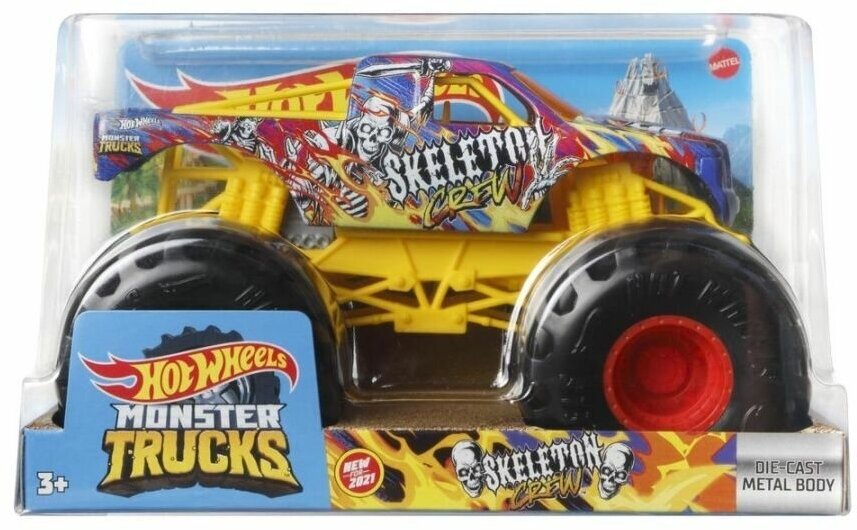 Машинка металлическая Hot Wheels Monster Trucks Монстр трак коллекционная модель 1:24 SKELETON с длиной 19 см GTJ46