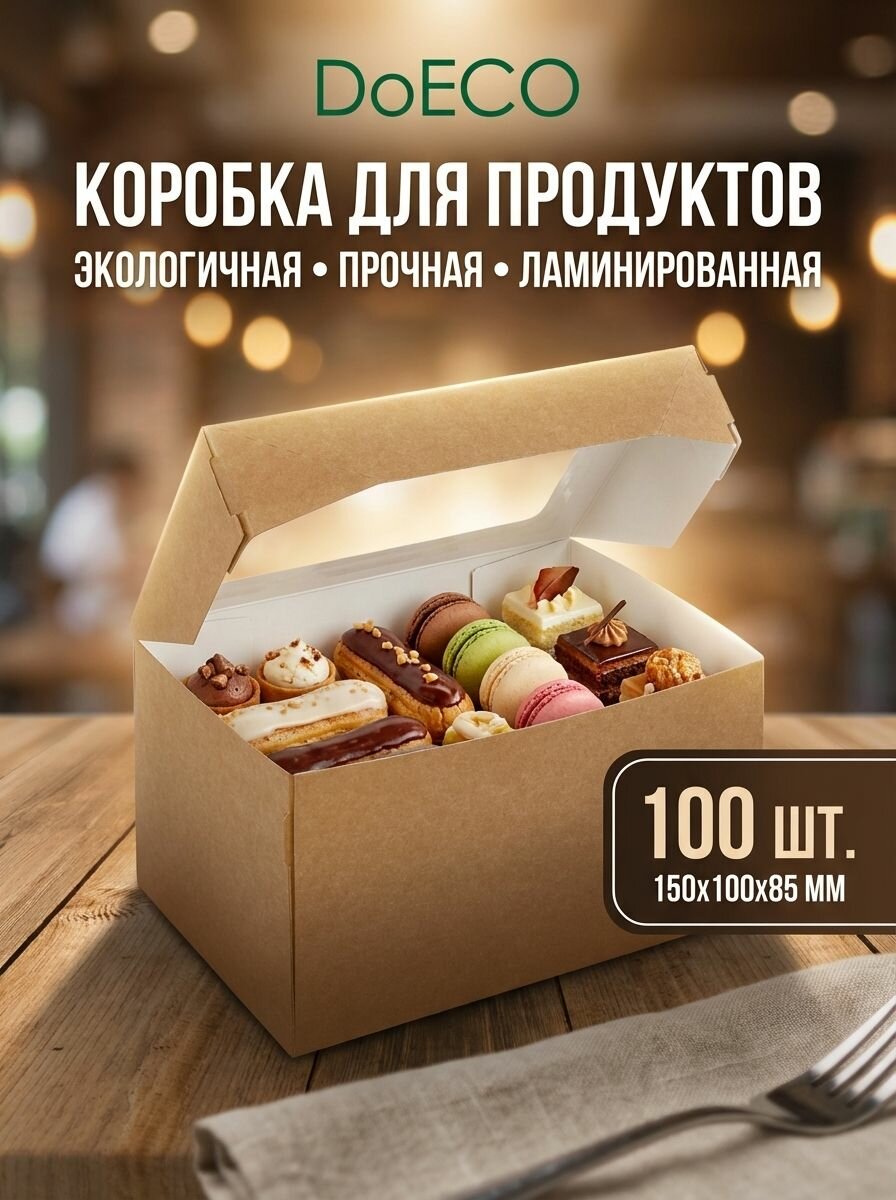 Коробка крафт пищевая DoECO контейнер одноразовый с крышкой, упаковка 150х100х85 мм, 100 шт.