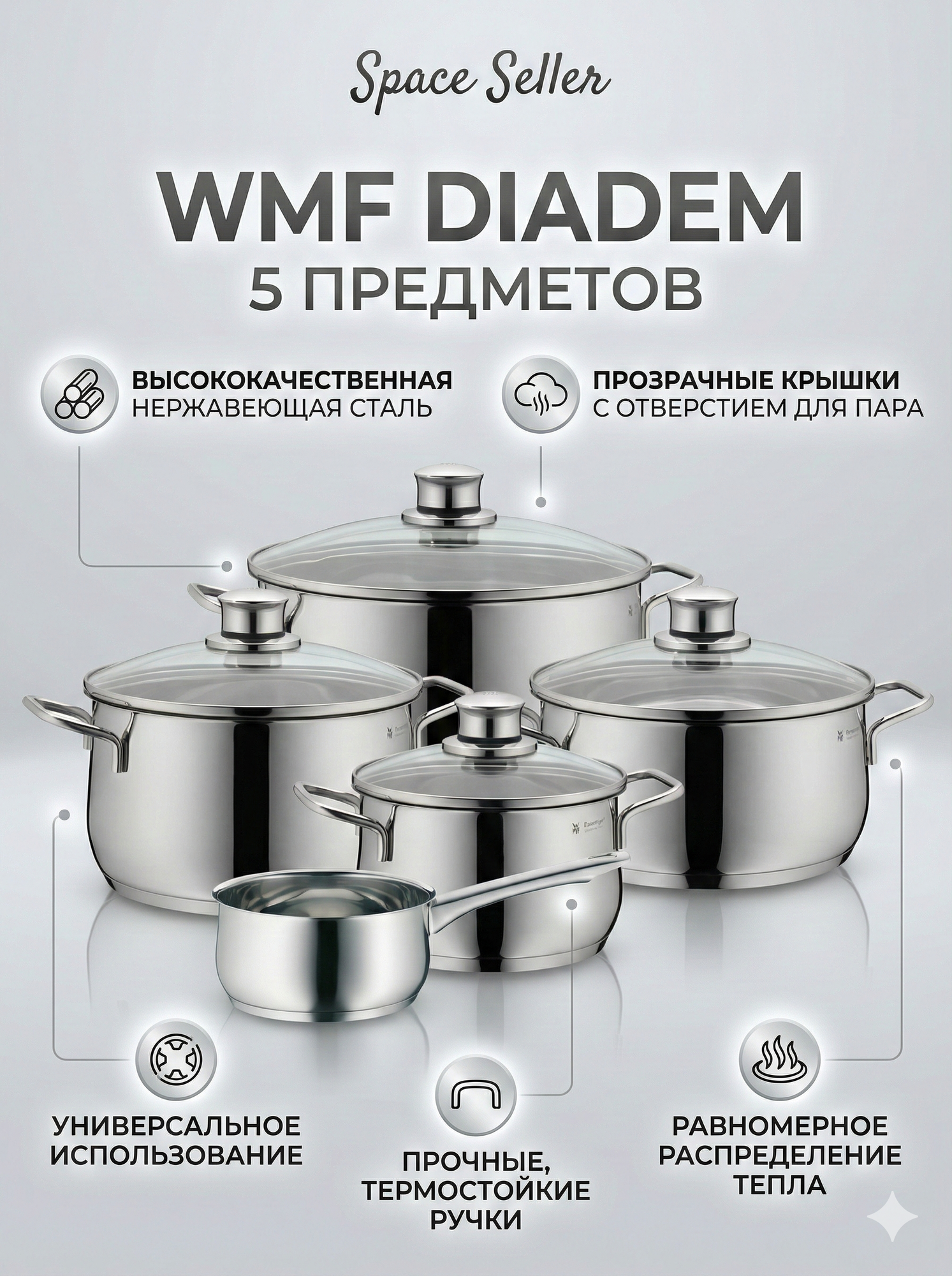 Набор кастрюль WMF Diadem 5 предметов: 4 кастрюли и ковш, премиальная сталь 18/10, для дома и в подарок