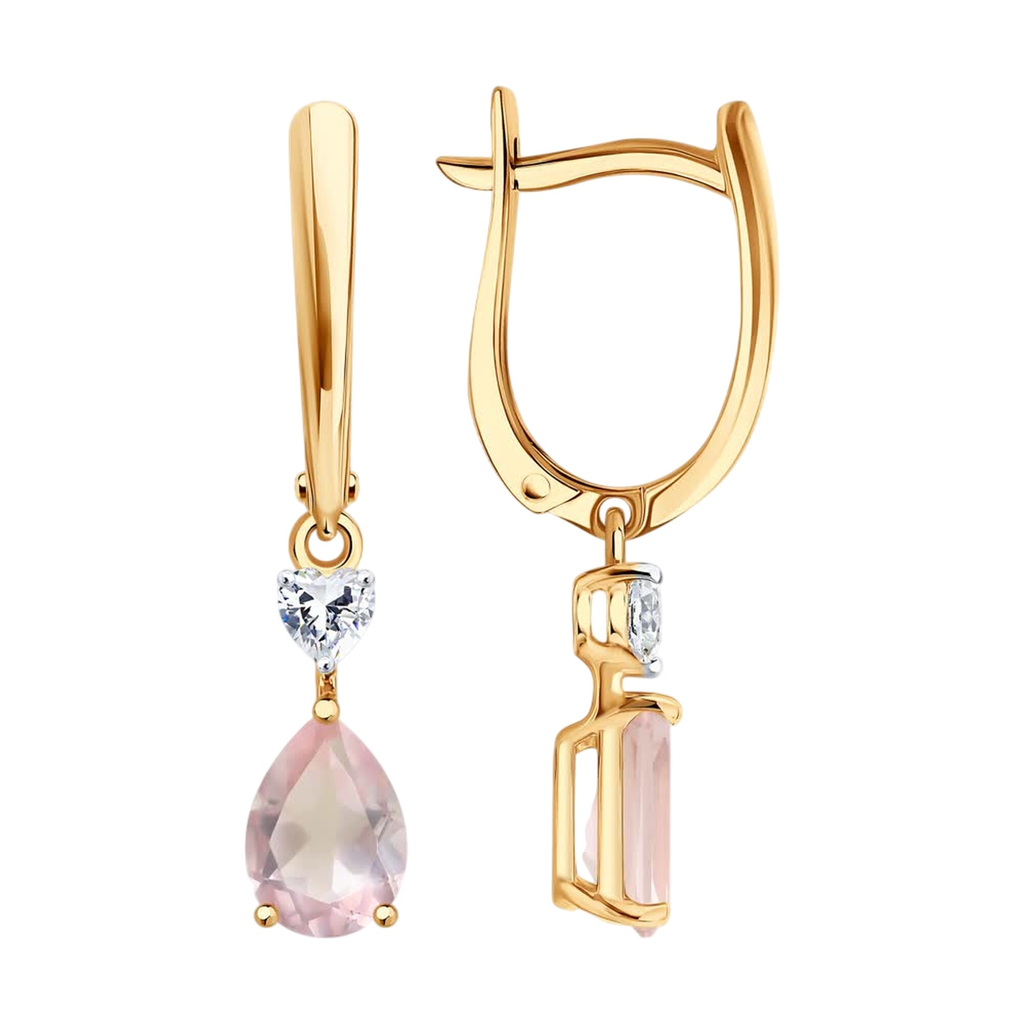 Серьги, красное золото, 585 проба, фианит, кварц