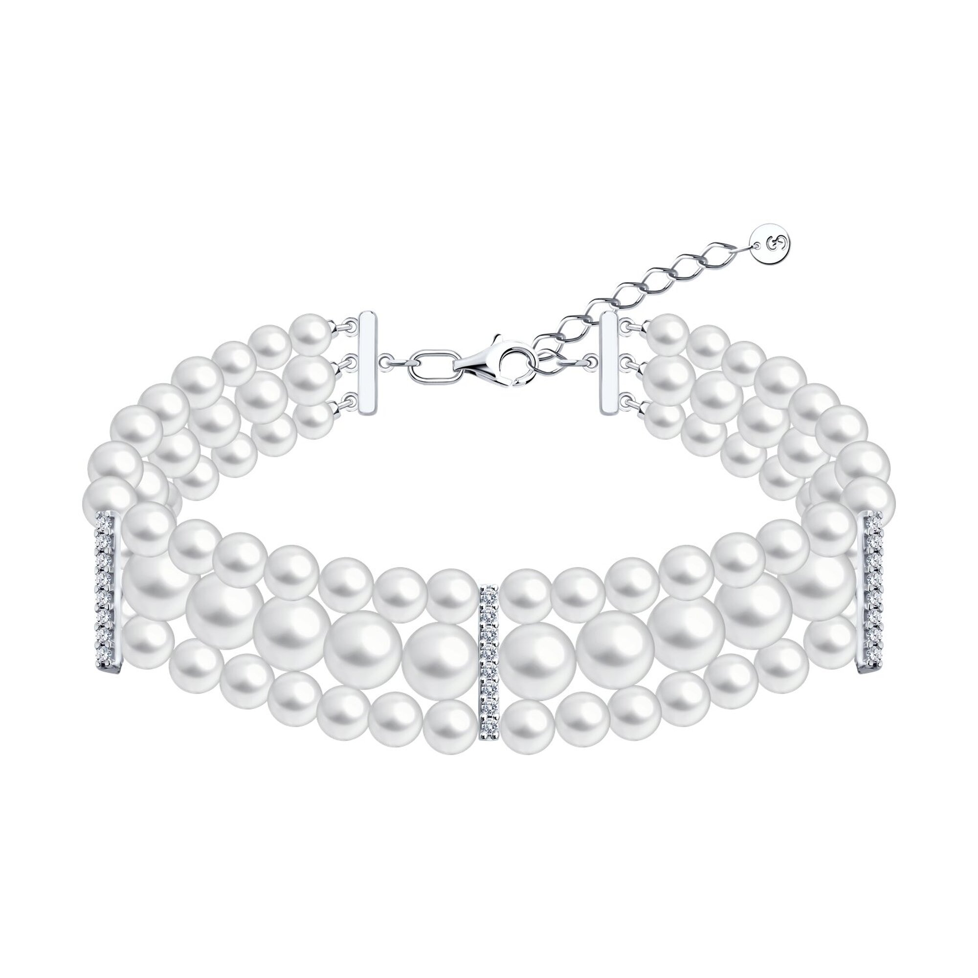 Браслет, серебро, 925 проба, родирование, жемчуг, фианит