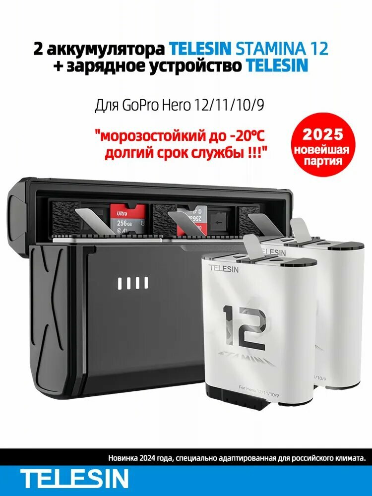 2 Аккумуляторы для GoPro Hero 12/11/10/9 + Зарядное устройство, TELESIN, Stamina 12, 1720mAh, морозостойкость до -20C