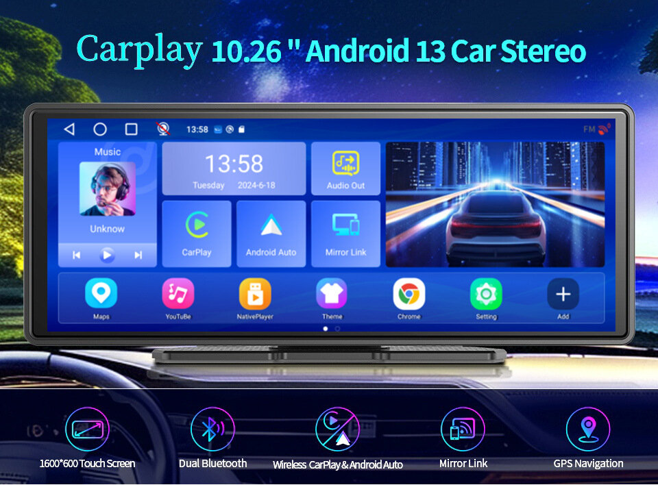 10inch Умный экран для автомобиля с поддержкой CarPlay, навигационное устройство, автомобильный MP5-плеер, поддержка Android и Apple, функция дублирования экрана, видеорегистратор.