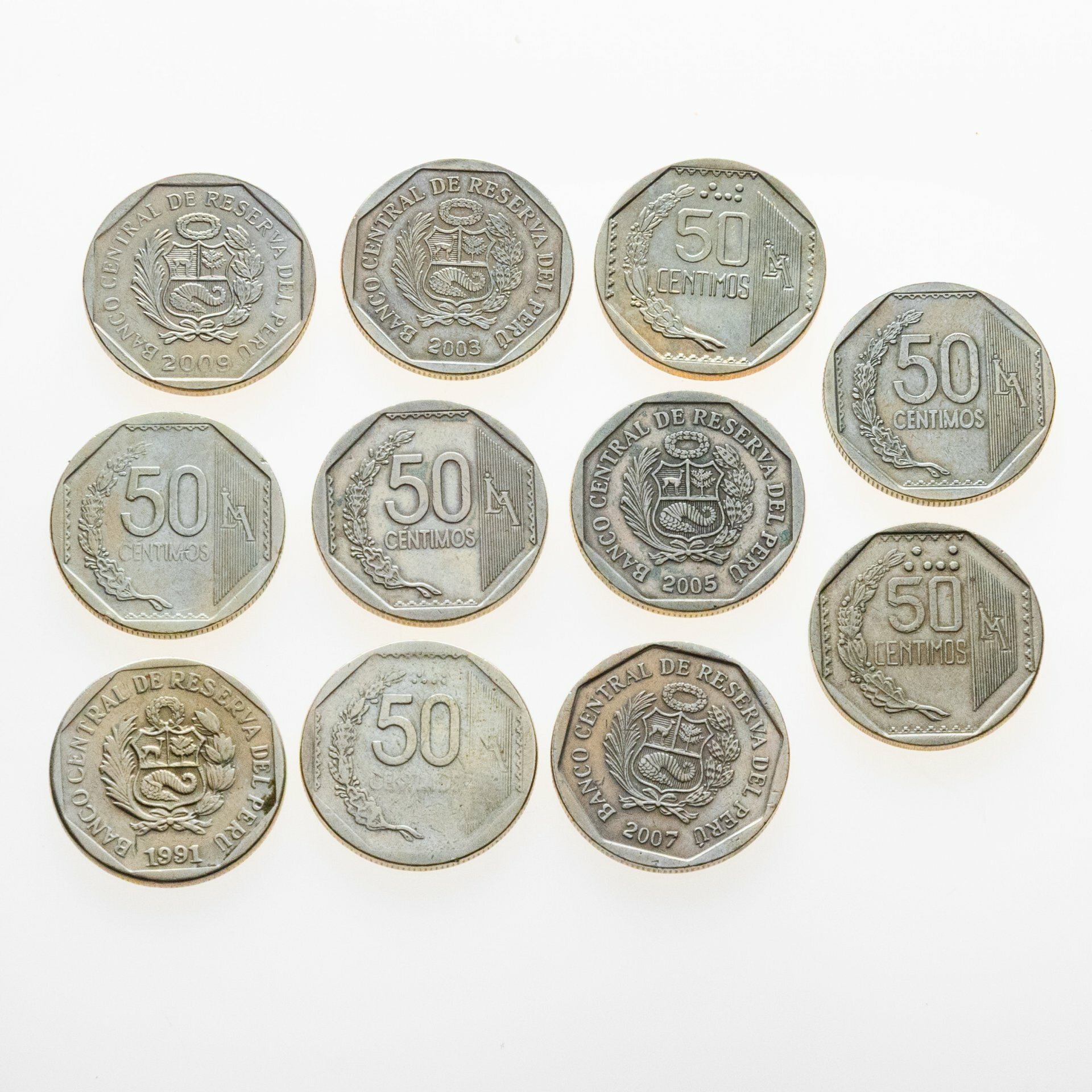 Перу набор монет 50 сентимо 1991-2011 (11 монет)