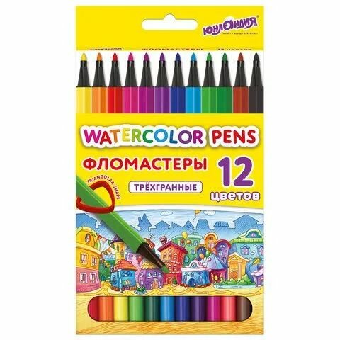 Фломастеры юнландия "домики", 12 цветов, трехгранные, вентилируемый колпачок, картон