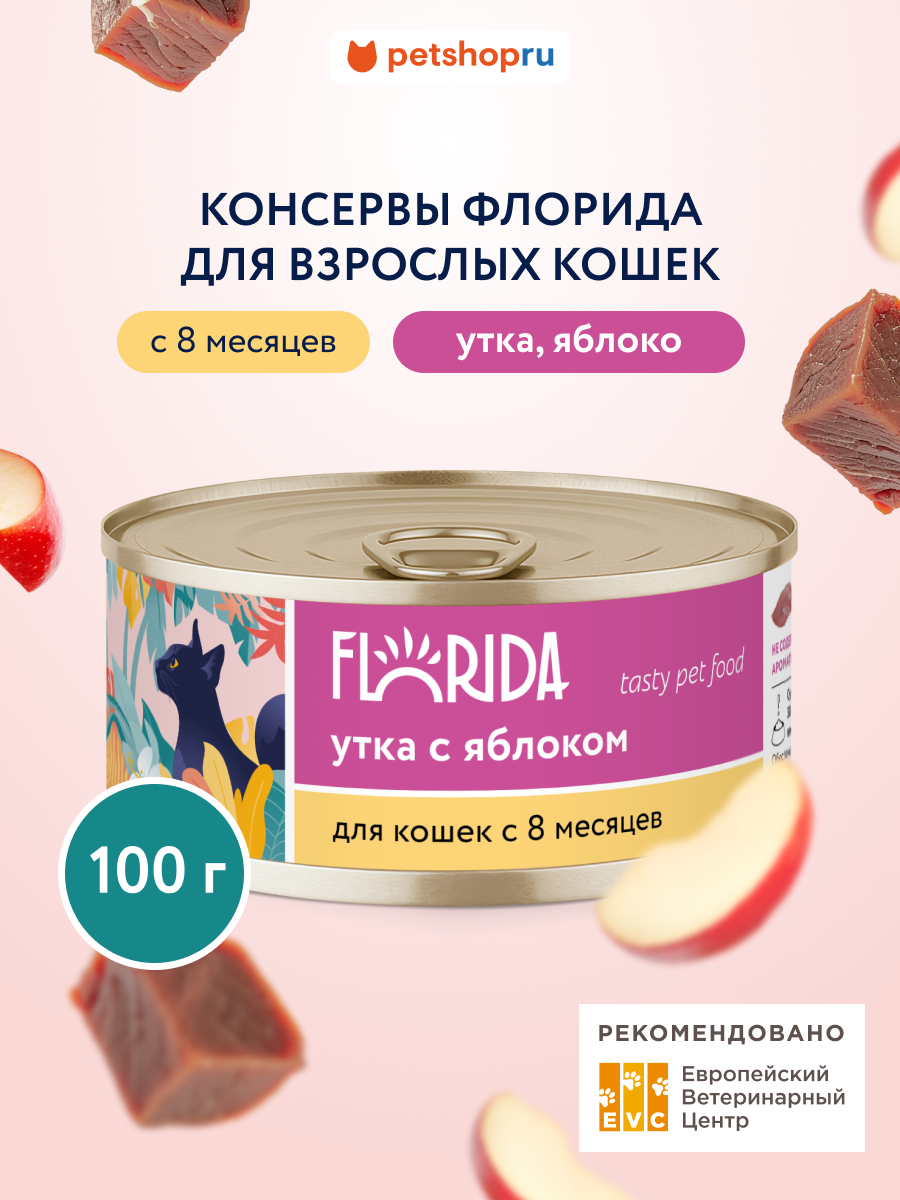 FLORIDA Консервы для кошек, утка с яблоком, 1 шт, влажный корм, 100 г