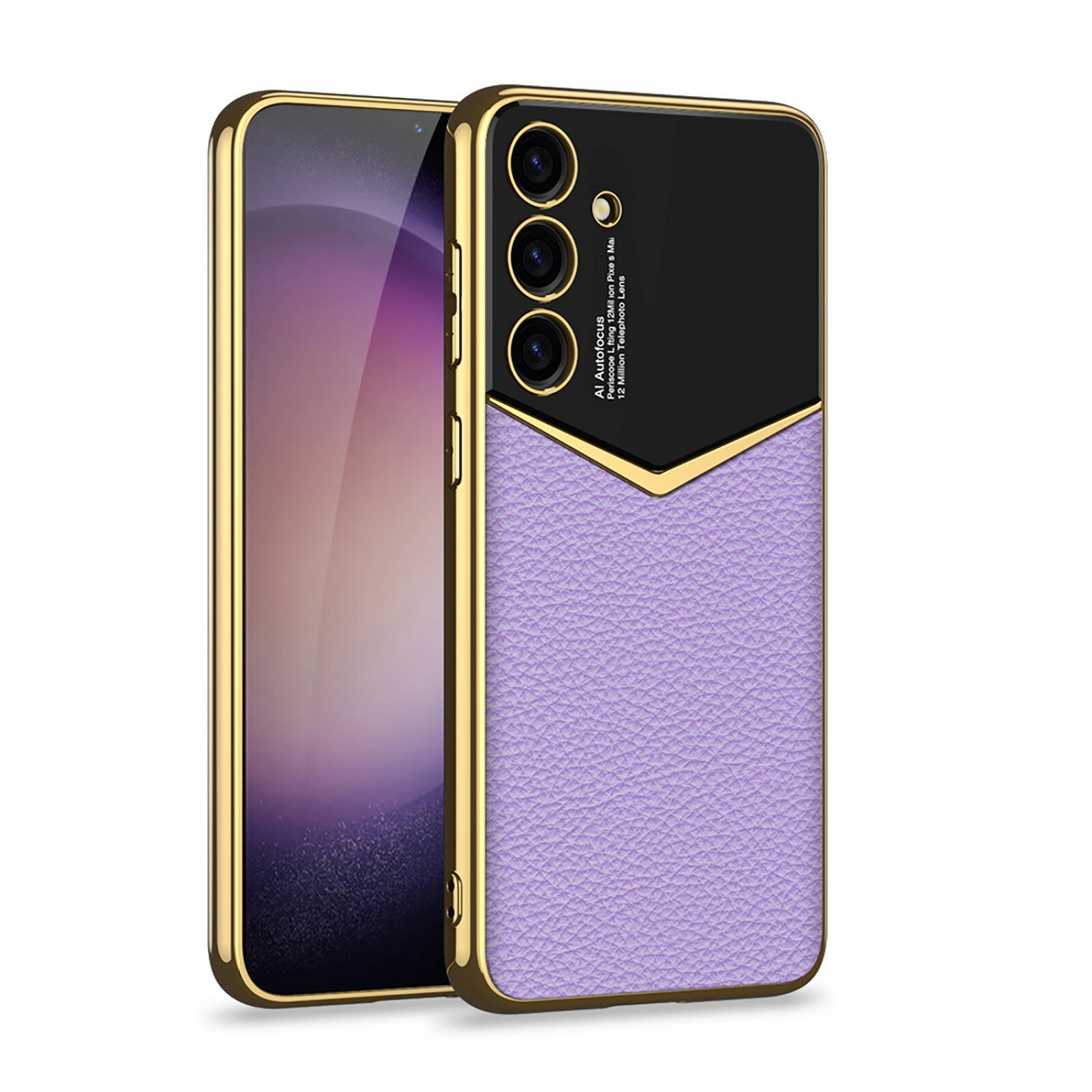 Чехол MyPads для Samsung Galaxy S24 из силикона с эко-кожей и оргстеклом, фиолетовый с золотой окантовкой