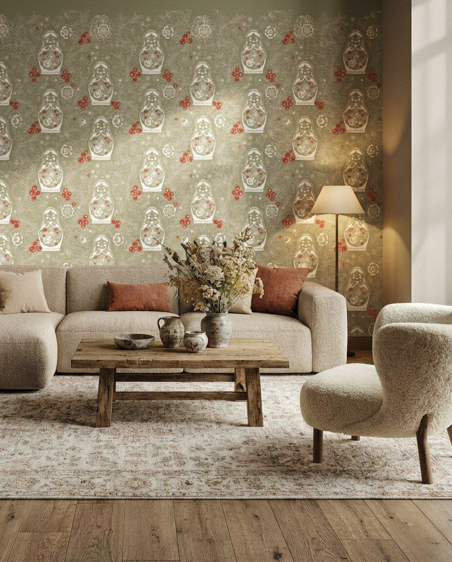 Обои бесшовные "Матрешки" бежевый тёплый №2 (ширина 2750мм х длина 5500мм)