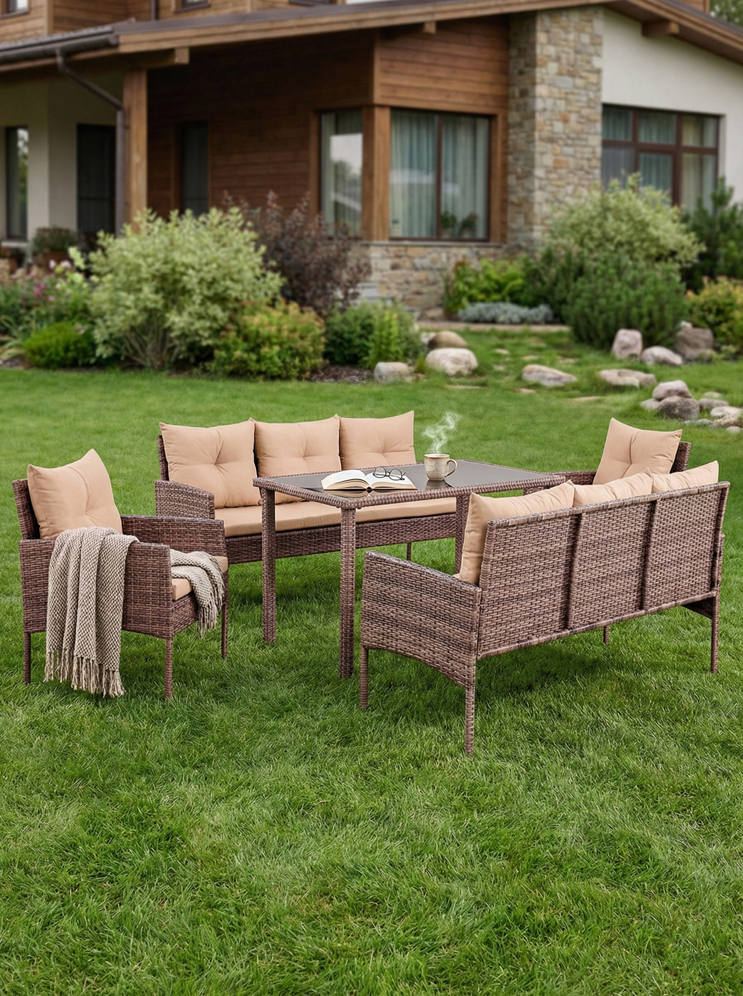 Комплект для обеда и отдыха из искусственного ротанга Фьорд-8 (Fjord-8), капучино