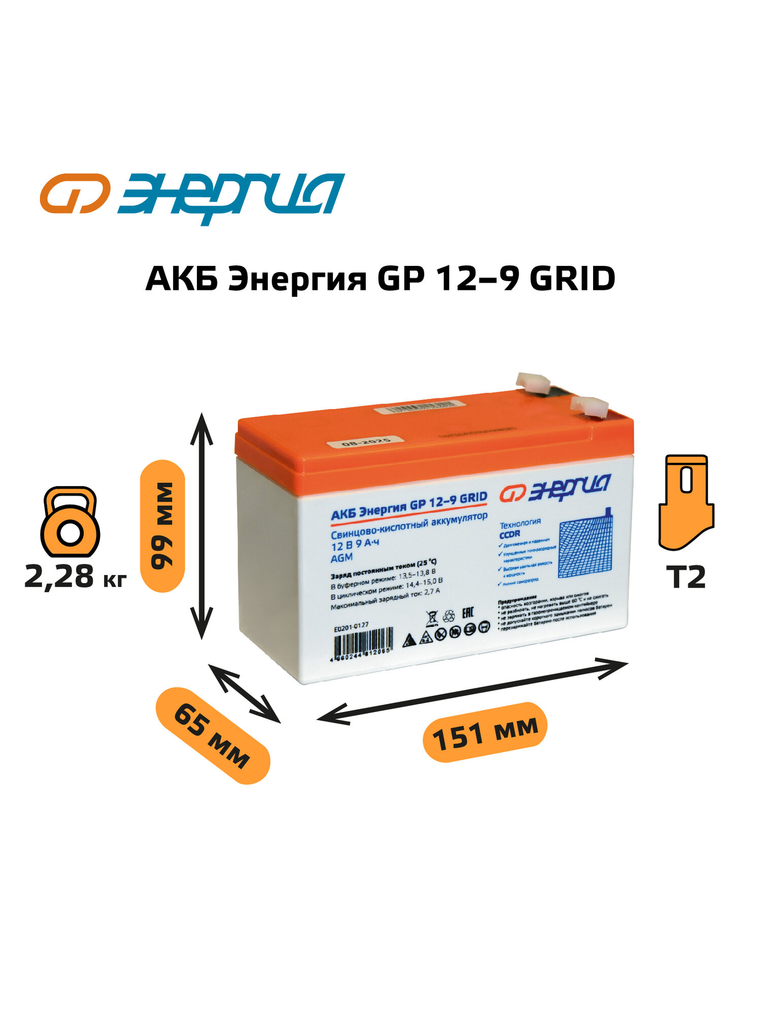 АКБ Энергия GP 12-9 Grid (аккумулятор, для ИБП, клеммы Т2, герметичный) — фото 1