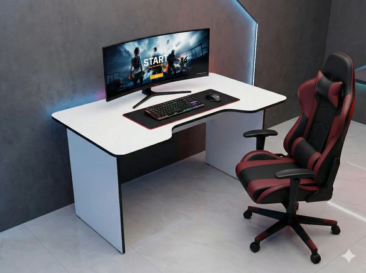 Стол компьютерный игровой, белый ЛДСП/Чёрный кант,130Х75Х78 СМ