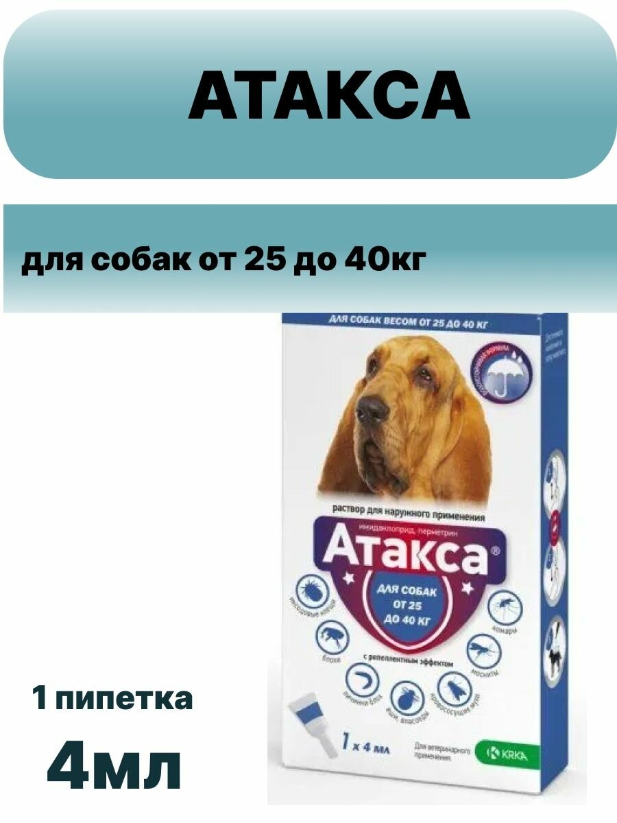 Атакса Капли для собак от 25 до 40кг от блох и клещей 1 пипетка*4мл