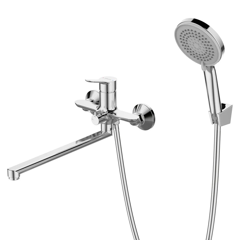 Смеситель с длинным изливом для ванны Lemark Сибирь LMF-7021B-C с душевым гарнитуром, поворотный, латунный, хром, глянцевый, смеситель для ванны с душем, рычажный, с настенным держателем