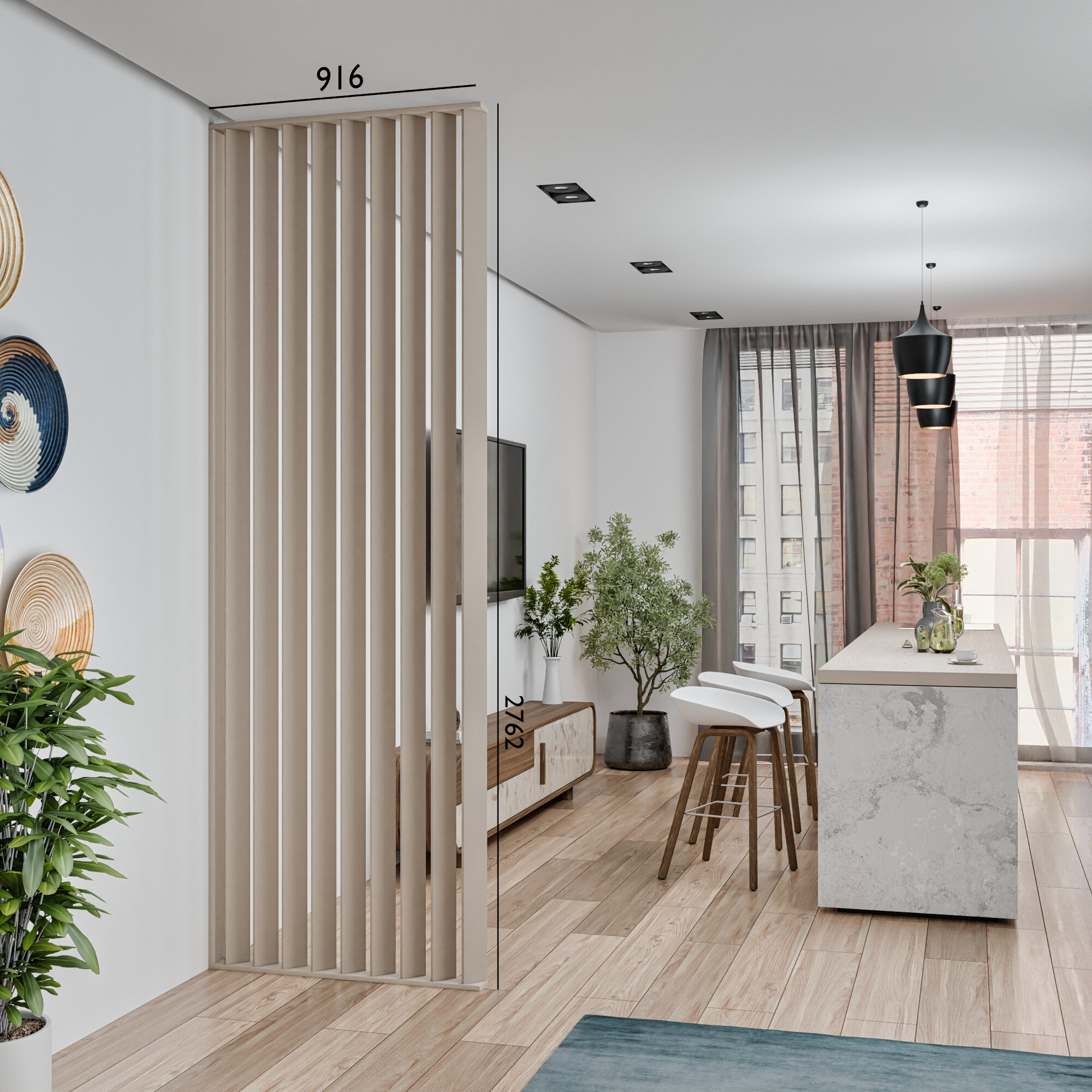 Реечная перегородка для зонирования пространства, рейки, цвет Кашемир