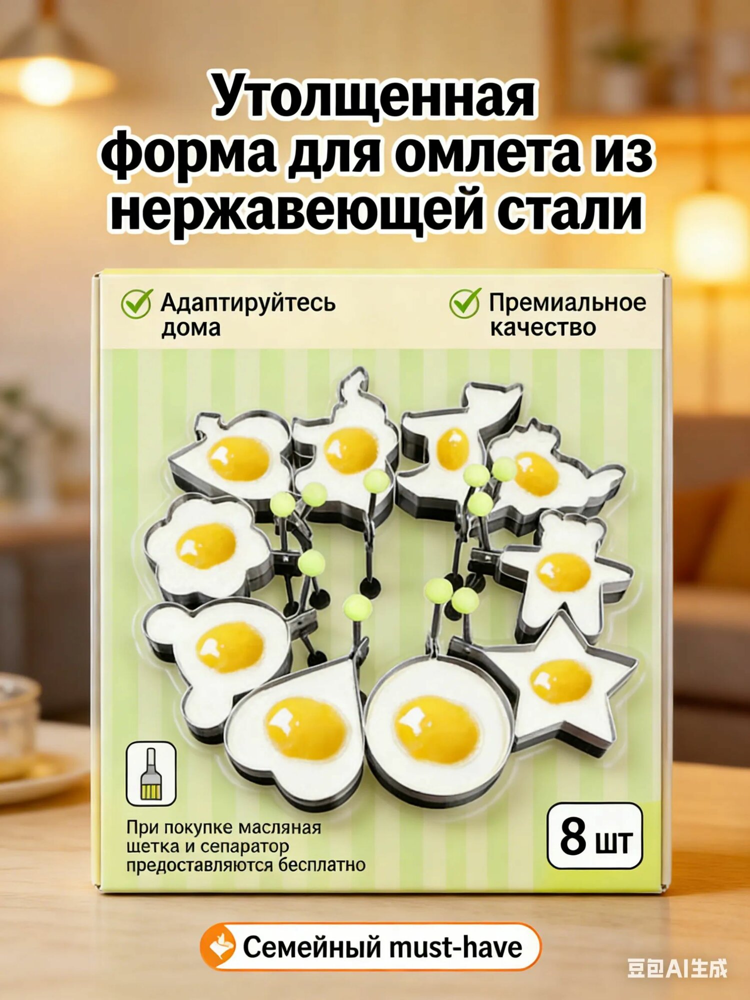 Набор кухонных форм для вырубки, 8 предметов Для яиц, котлет, печенья Универсальный помощник