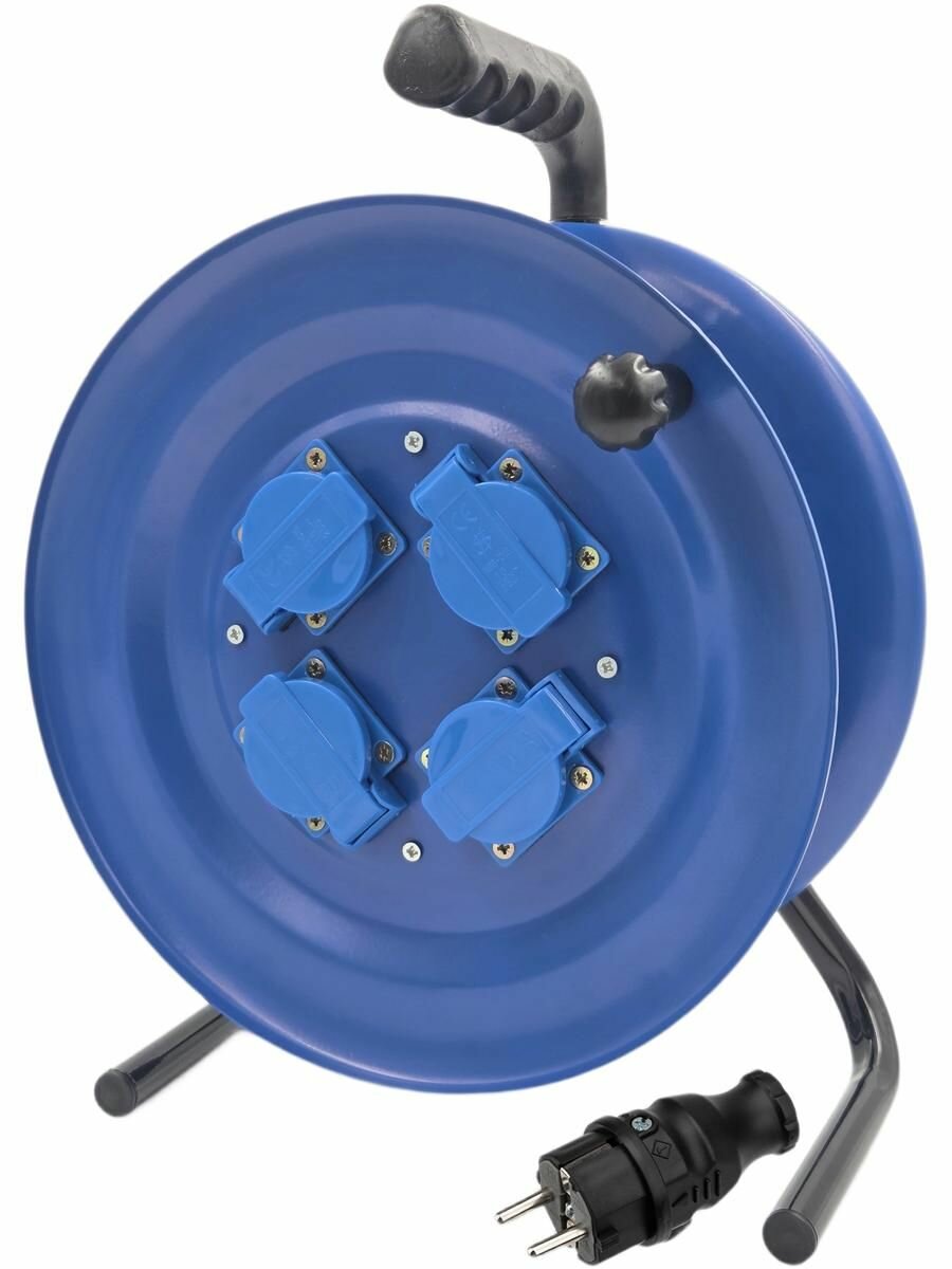 Катушка удлинителя металлическая 4 розетки с заземлением и крышками в комплекте с вилкой 220В 16А IP44 2Р+РЕ