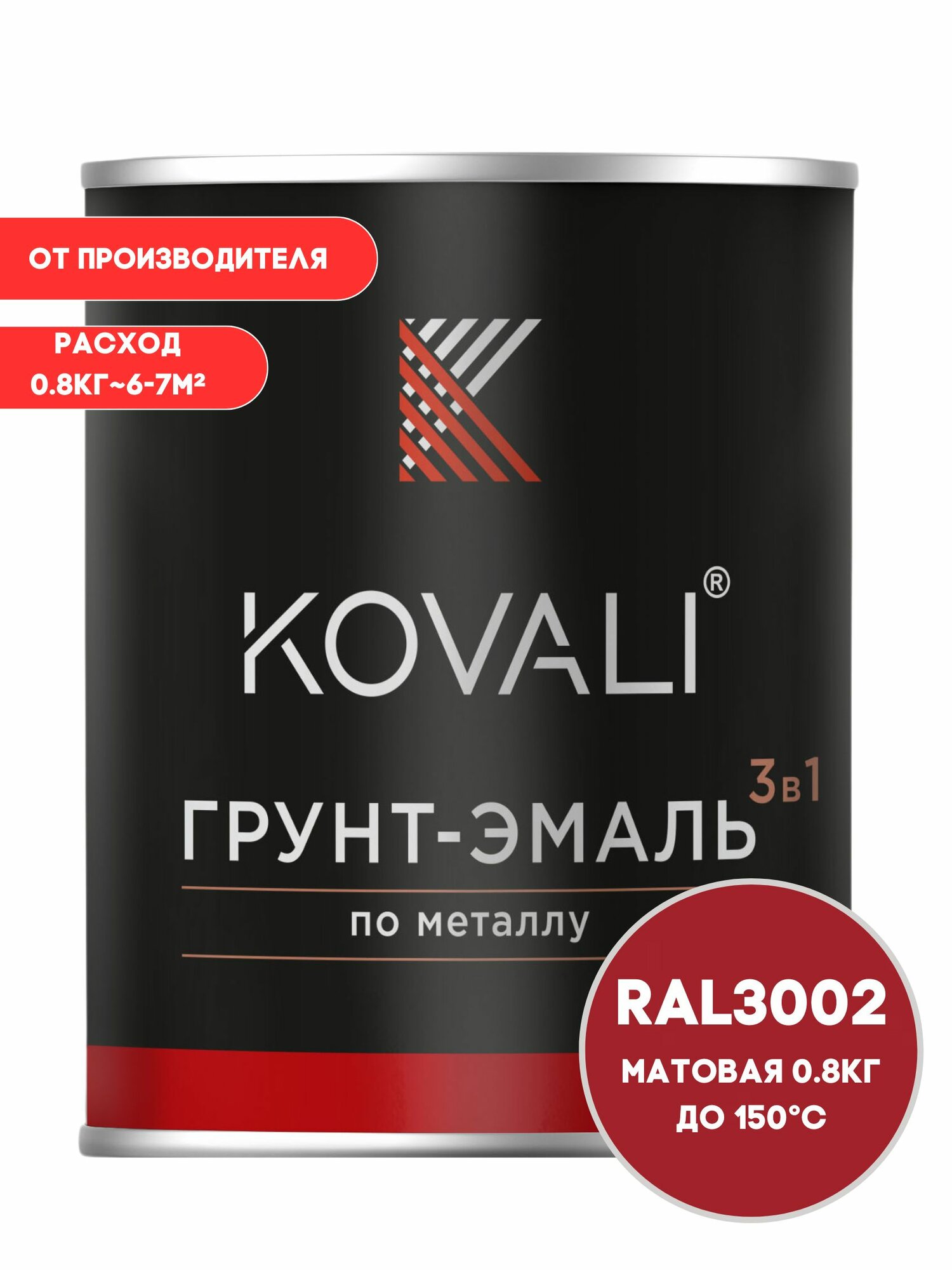 Грунт-эмаль 3 в 1 KOVALI матовая Карминно-красный RAL 3002 0,8кг краска по металлу, по ржавчине, быстросохнущая , краска Ковали