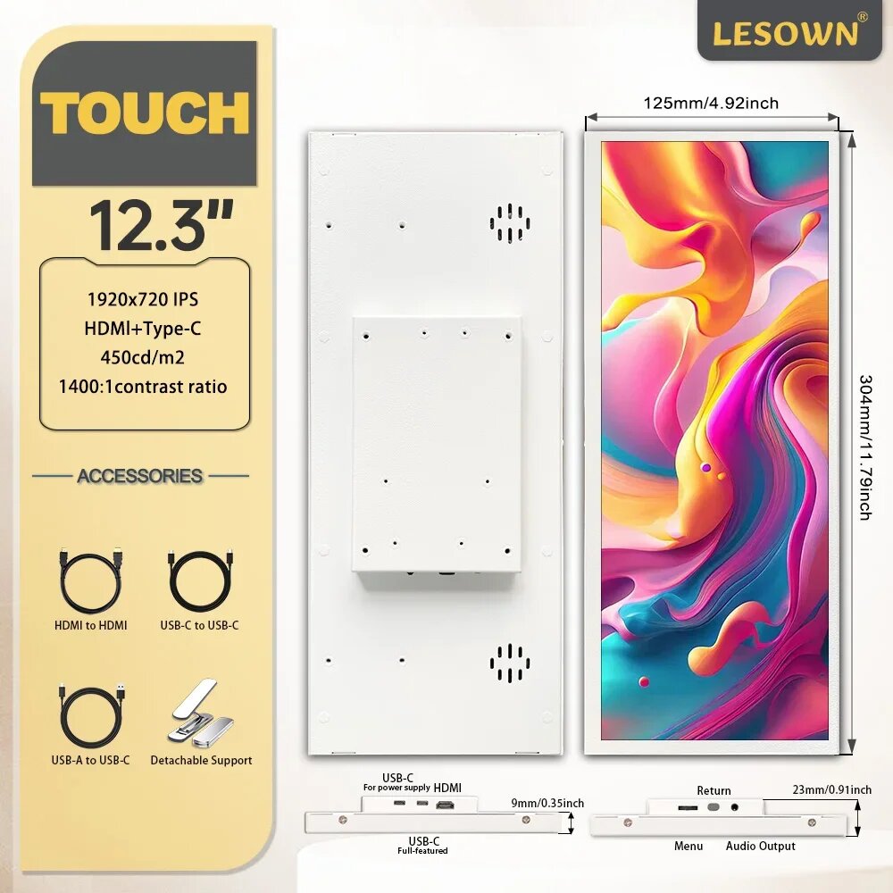 LESOWN Растянутый экран 1920x720 12,3-дюймовый монитор с сенсорным экраном HDMI Type C IPS Длинная полоса дисплея для ПК Компьютер Белый