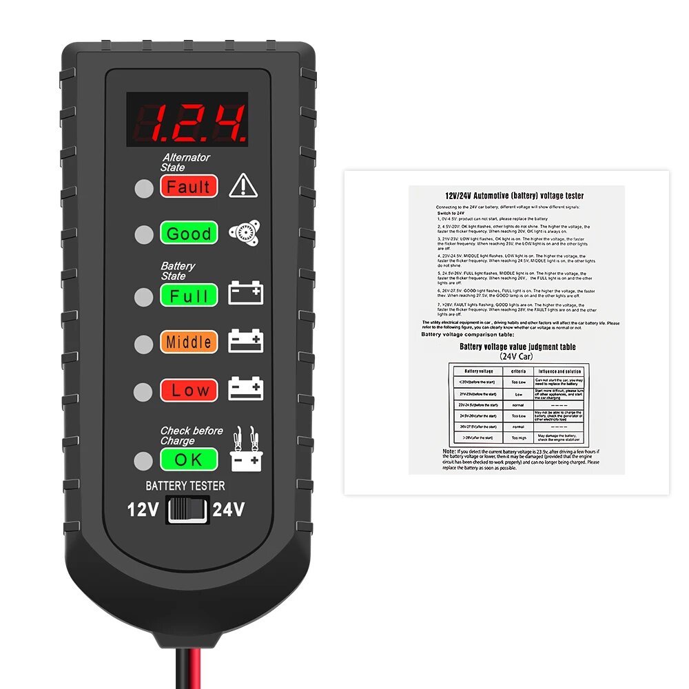 Тестер Автомобильных Аккумуляторов 12В/24В С LED-дисплеем, Многофункциональный Анализатор Генераторов Для Электромобилей