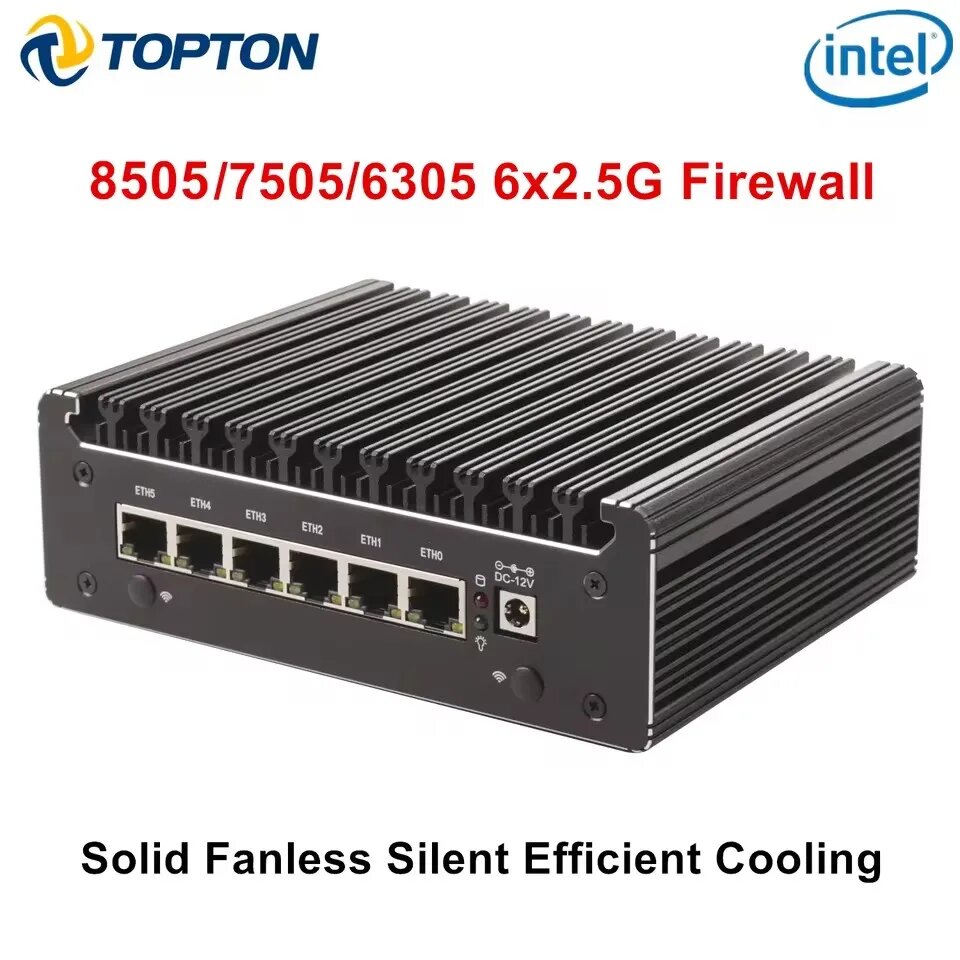Мини-ПК Topton Intel 8505 7505 6305 с 6x 2.5G LAN, безвентиляторный, с поддержкой 6305 DDR4 Big Case
