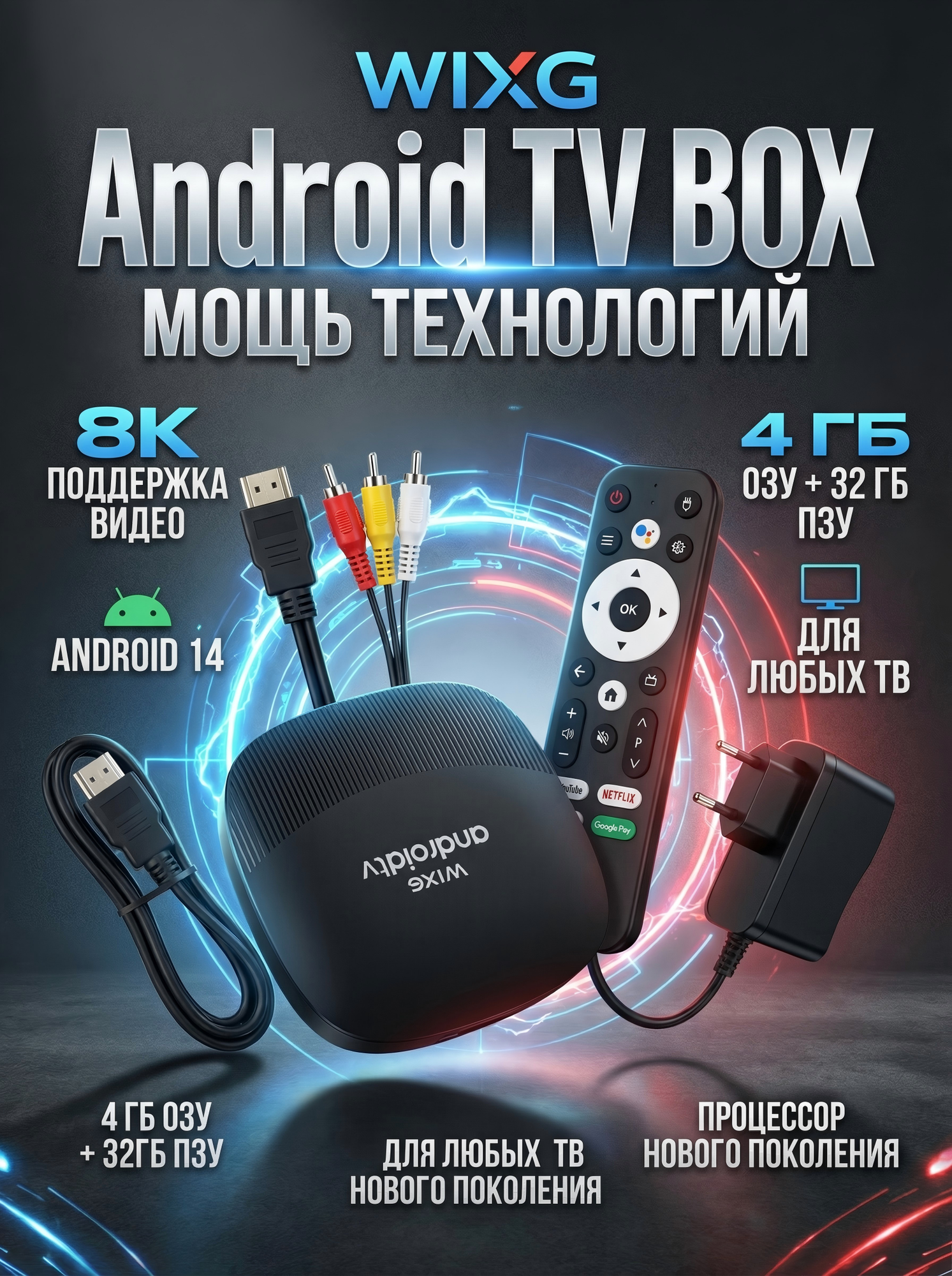 WIXG Медиаплеер Смарт ТВ приставка Android, 4ГБ/32 ГБ, Bluetooth, Wi-Fi, черный матовый