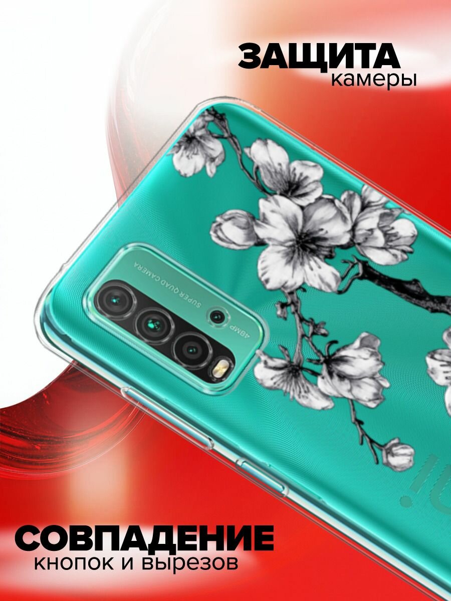 Силиконовый чехол на Xiaomi Redmi 9T / Редми 9Т с принтом Ветка сакуры серая — фото 1