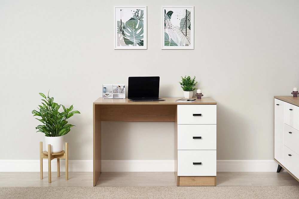 Письменный стол компьютерный, 3 ящика, Стандарт, 110х75х59 см, ЛДСП, Дуб вотан / Белый