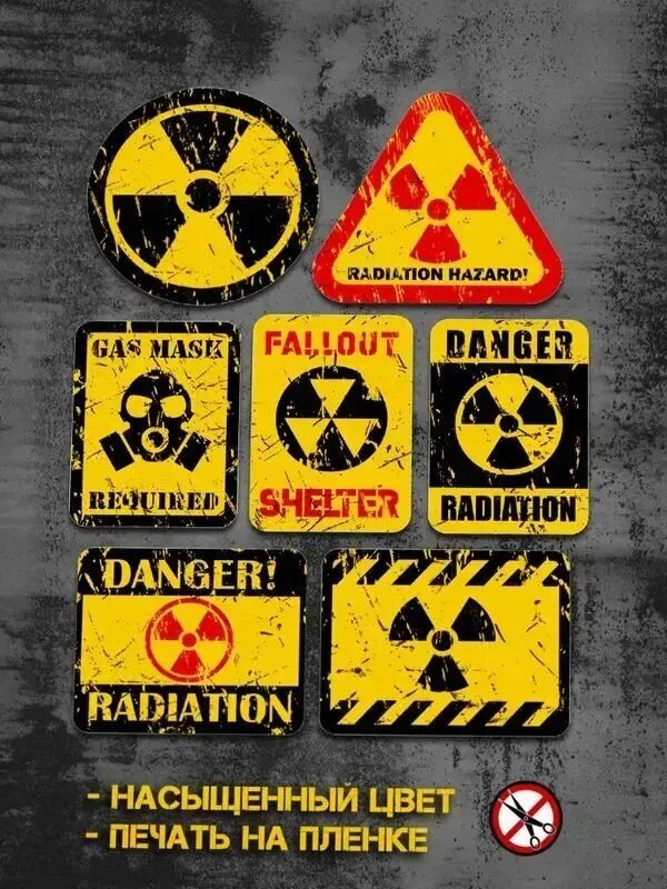Наклейки Radiation Shelter в гранжевом стиле со знаками опасности и радиации