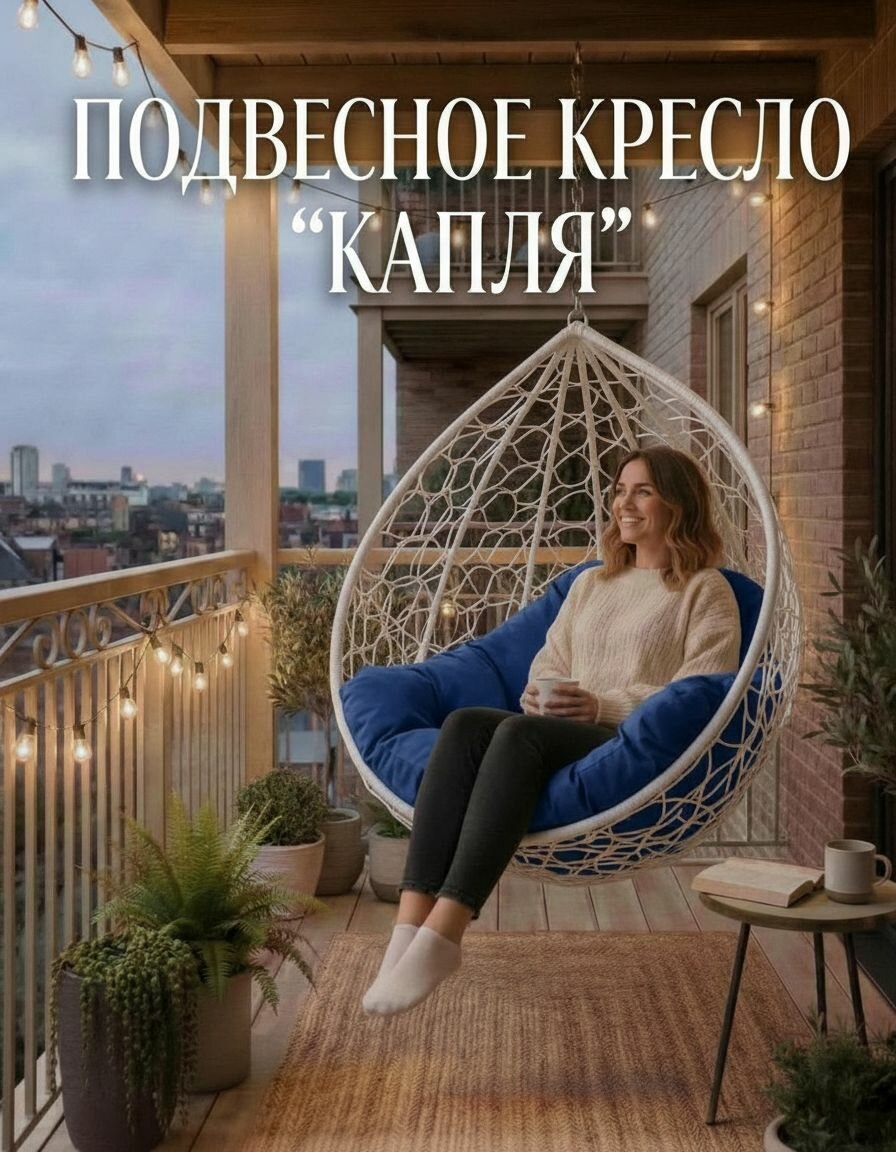 Подвесное кресло "Капля" без стойки, белое с синей подушкой, + цепь 2м